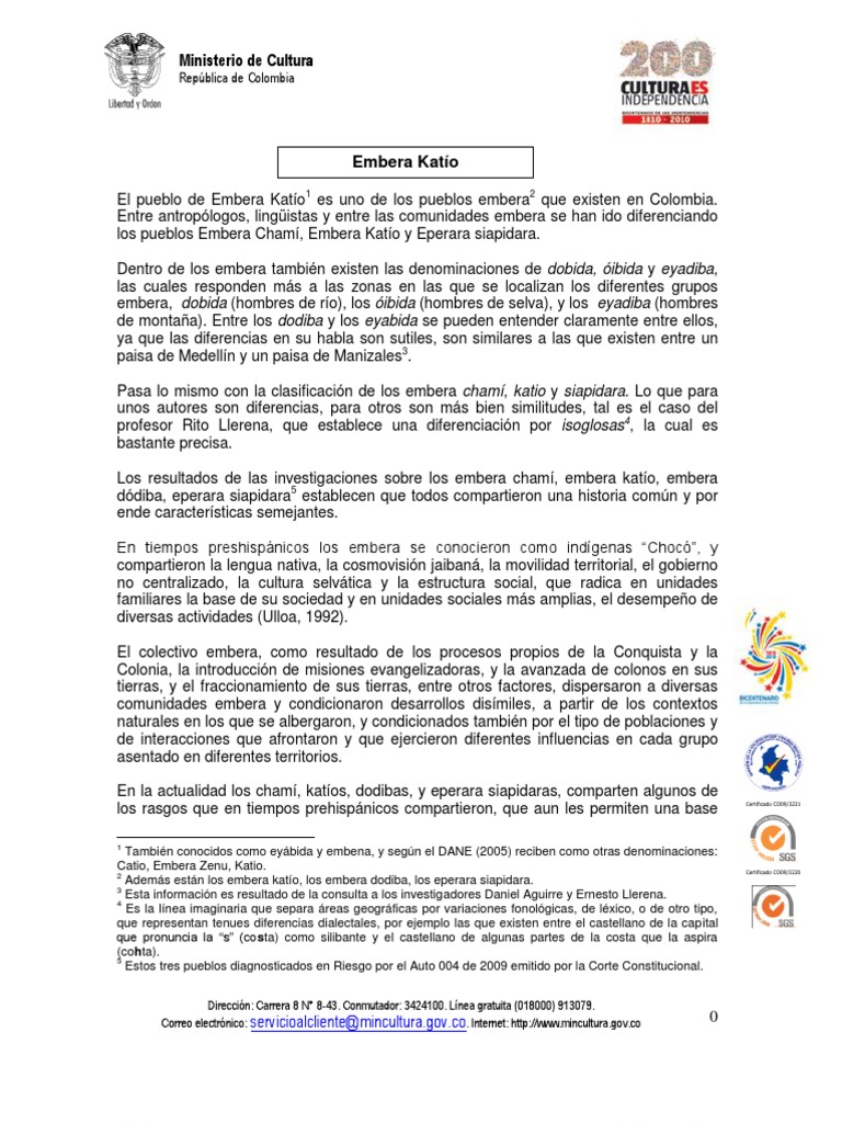 Caracterización Del Pueblo Embera Katío | PDF | Dialecto | Colombia