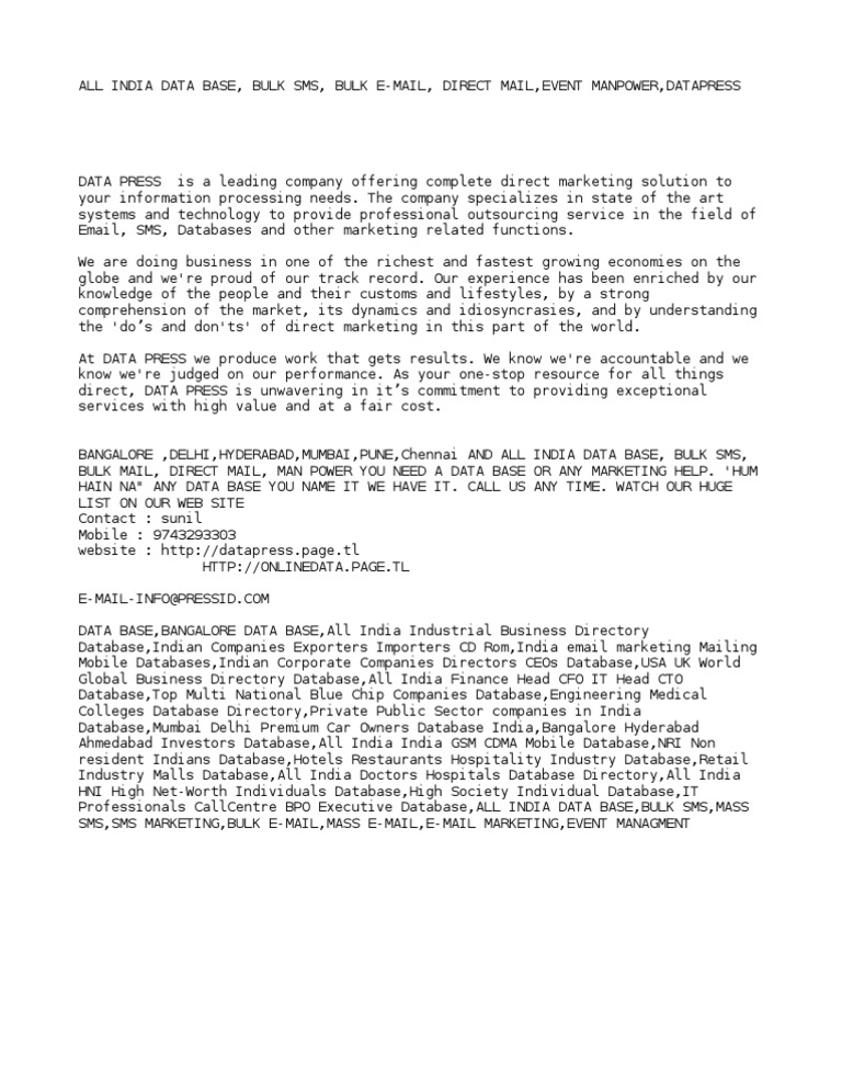 all india database,bangalore database,mumbai database,pune database,kolkatta database,delhi ...
