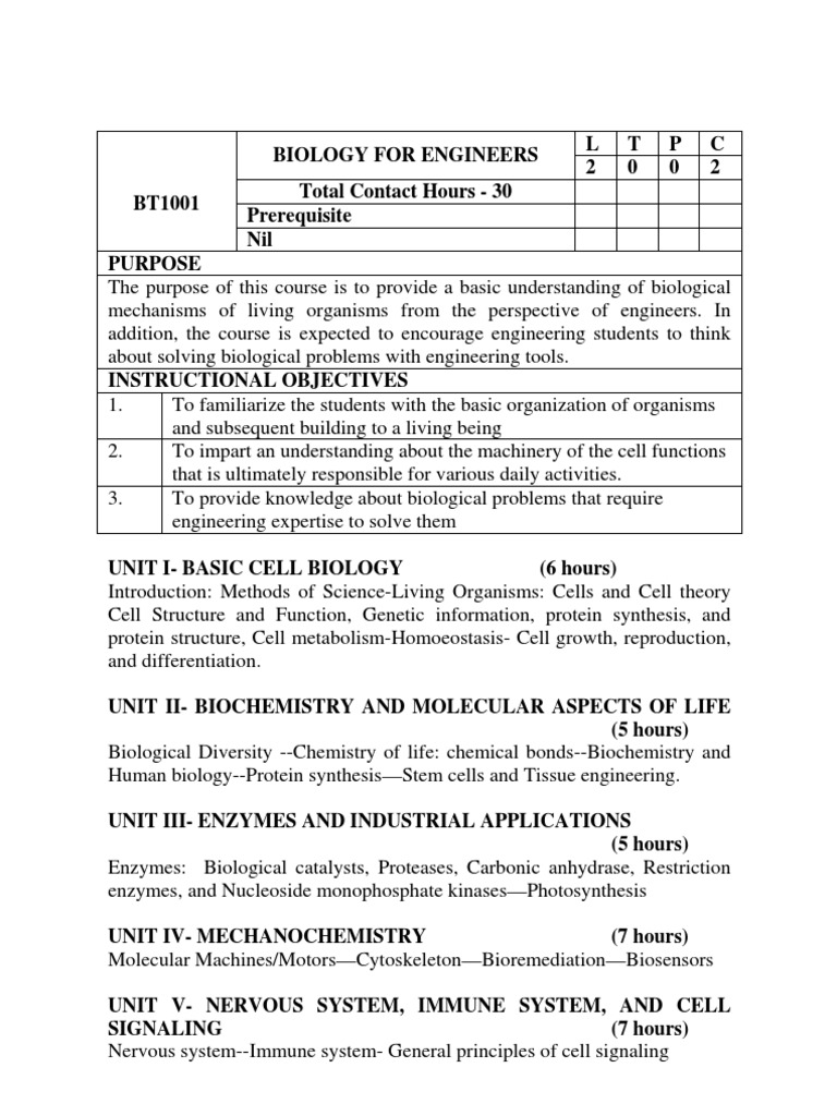 BT1001 Biology For Engineers | PDF | Biology | Cell (Biology)