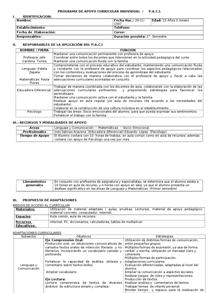 Programa de apoyo curricular individual para estudiante con necesidades educativas especiales en ...