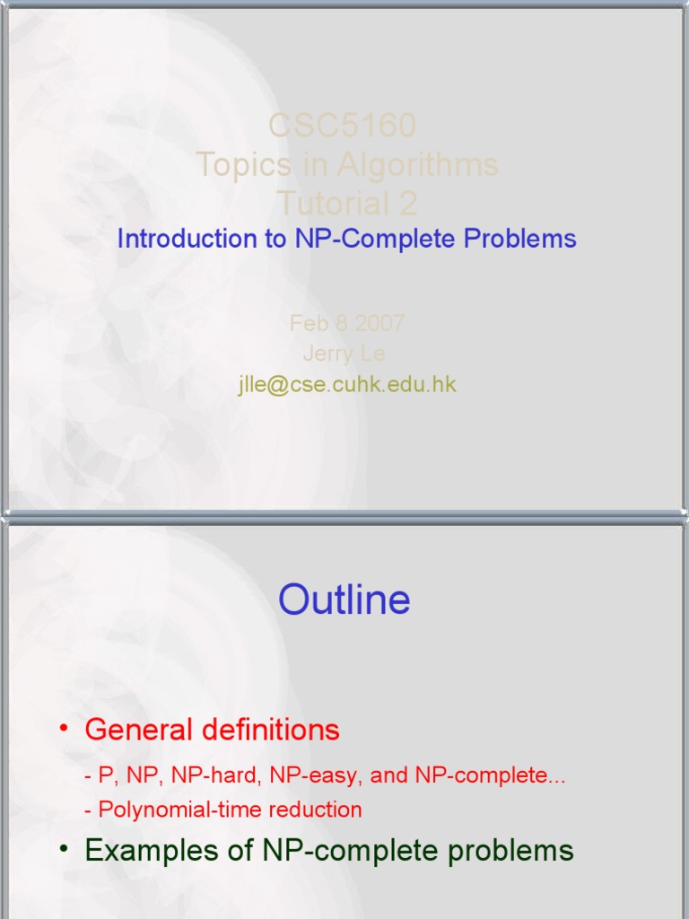 Csc5160 Topics In Algorithms Tutorial 2 Introduction To Np Complete Problems Pdf Time