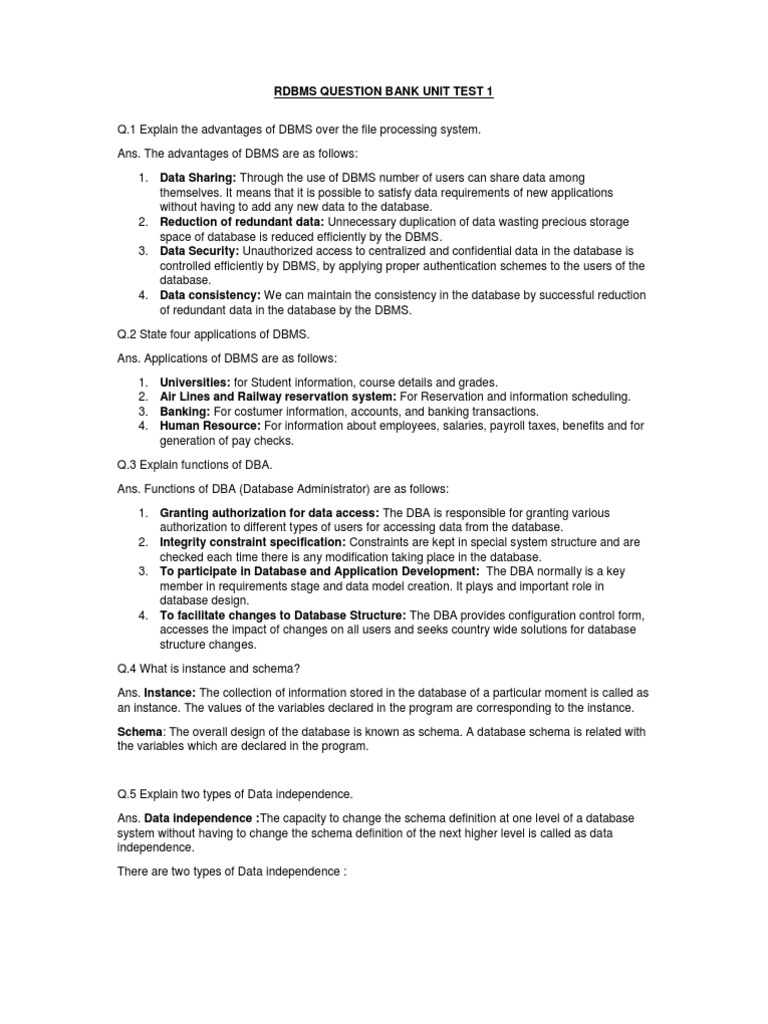 Rdbms Question Bank Unit Test 1 Pdf Relational Model Databases