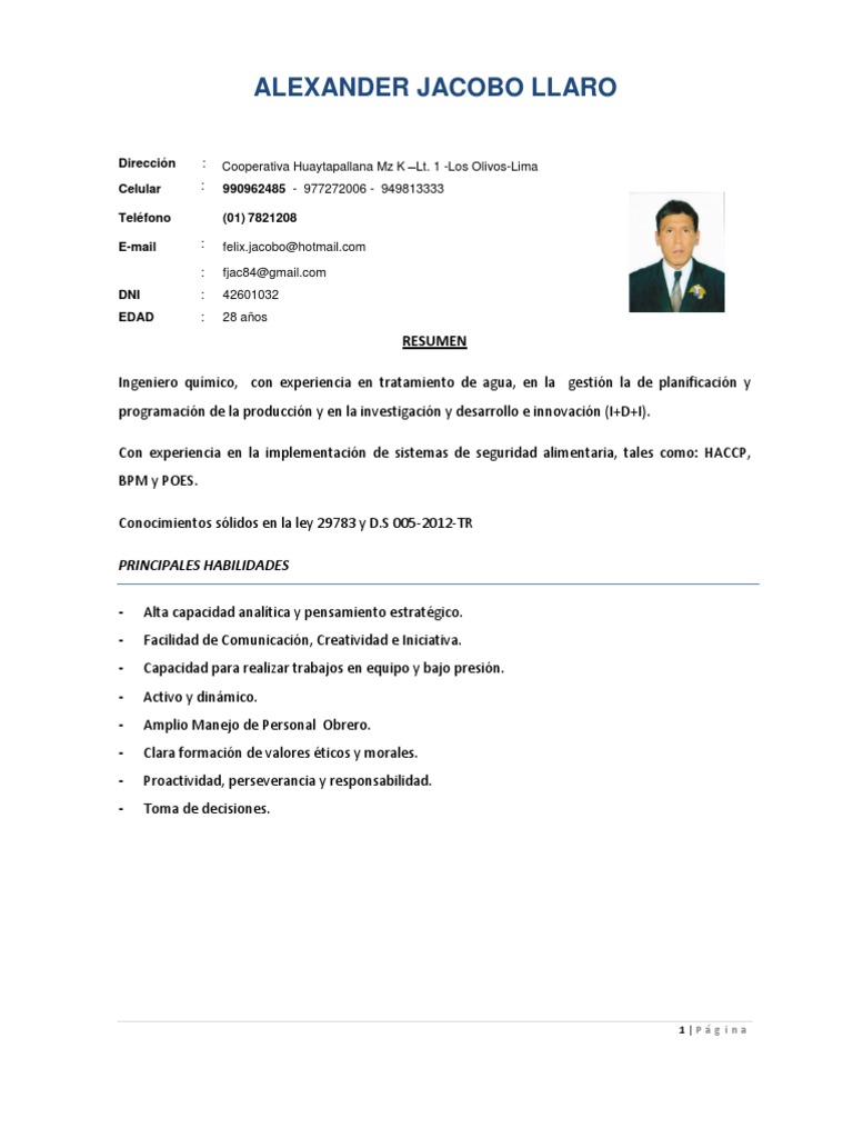 CV Ingeniero Quimico Alexander Jacobo | PDF | Análisis de Riesgo y Puntos Críticos de Control ...