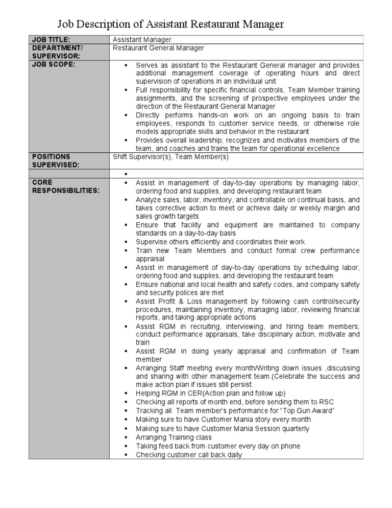 Assitant Manager Job Responsibility | PDF | Employment | Performance ...