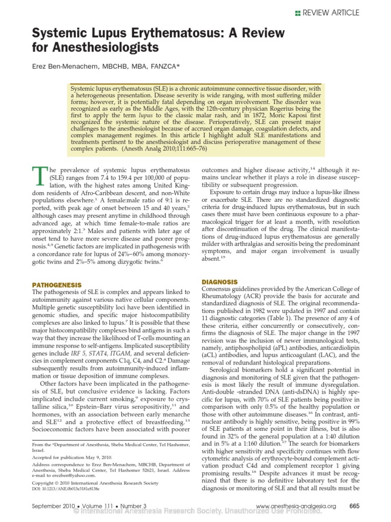 Anesthesia For Systemic Lupus Erythematosus Review | PDF | Systemic ...