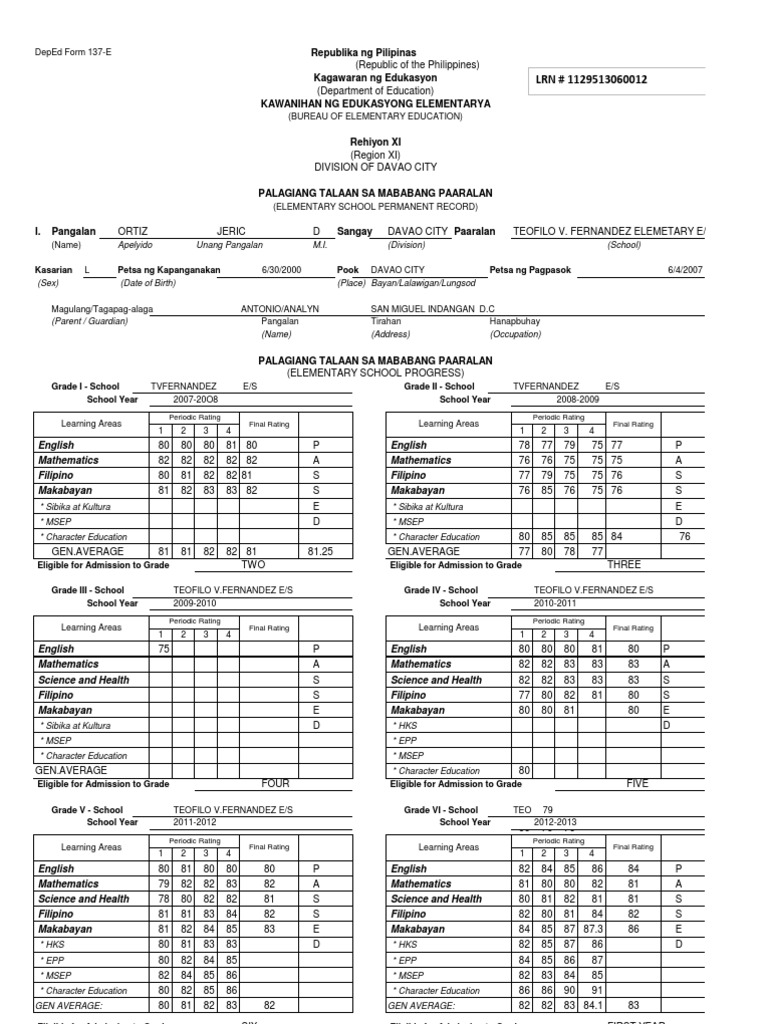 DepEd Form 137-E Sample Record | PDF | Philippines | Southeast Asia