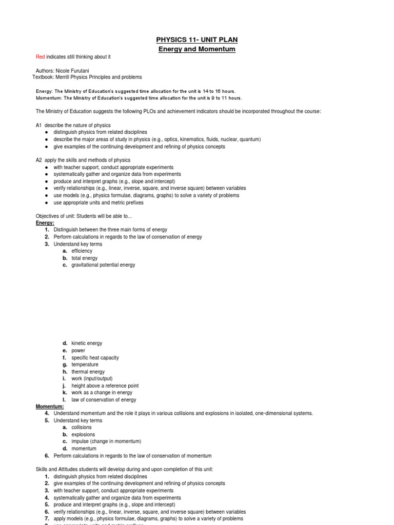 Physics 11 Energy Unit Plan | PDF | Momentum | Forms Of Energy