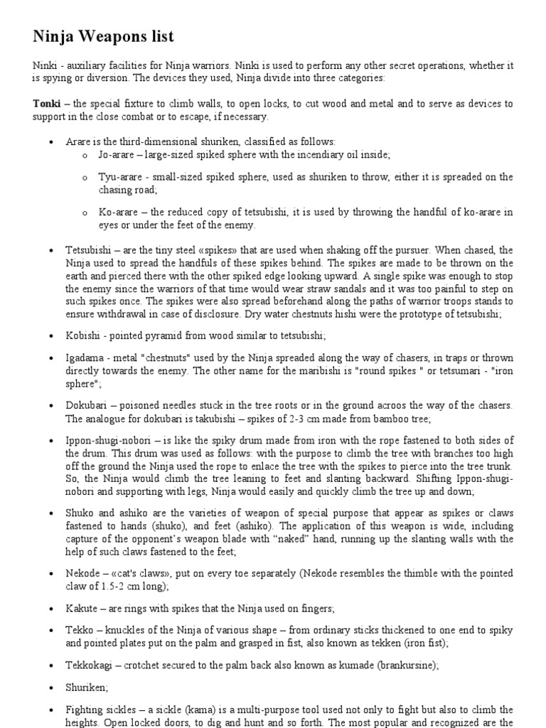 Ninja Weapons List | PDF | Ninja | Armed Conflict
