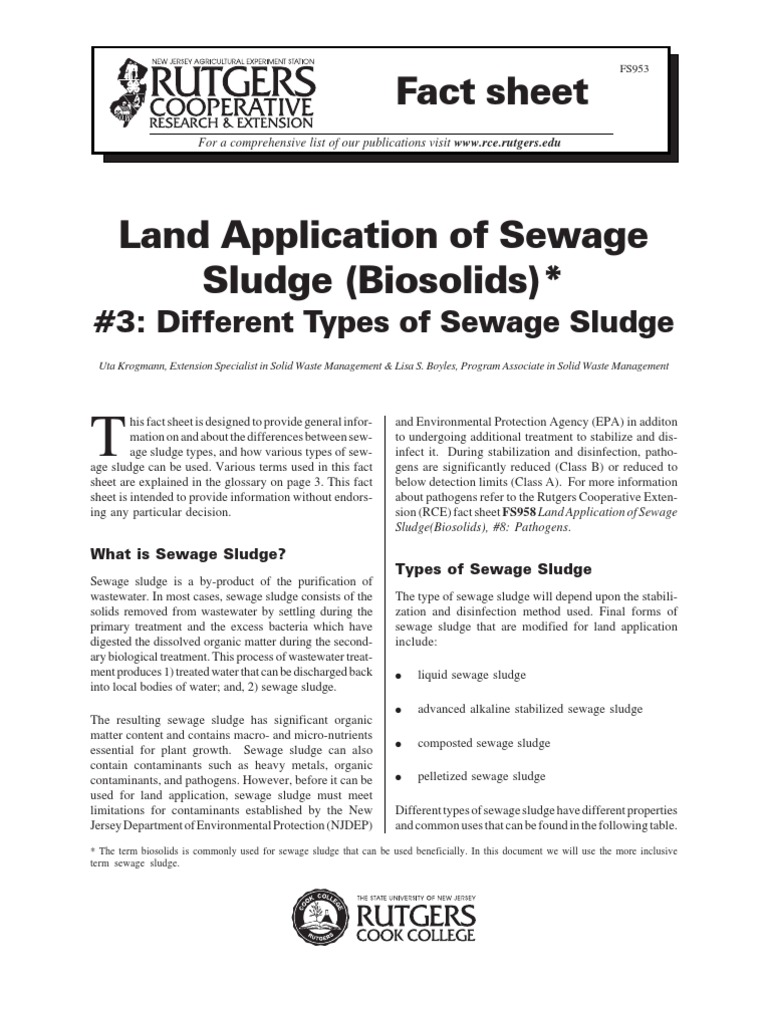 Fact Sheet. Land Application of Sewage Sludge #3 | Sewage Treatment ...