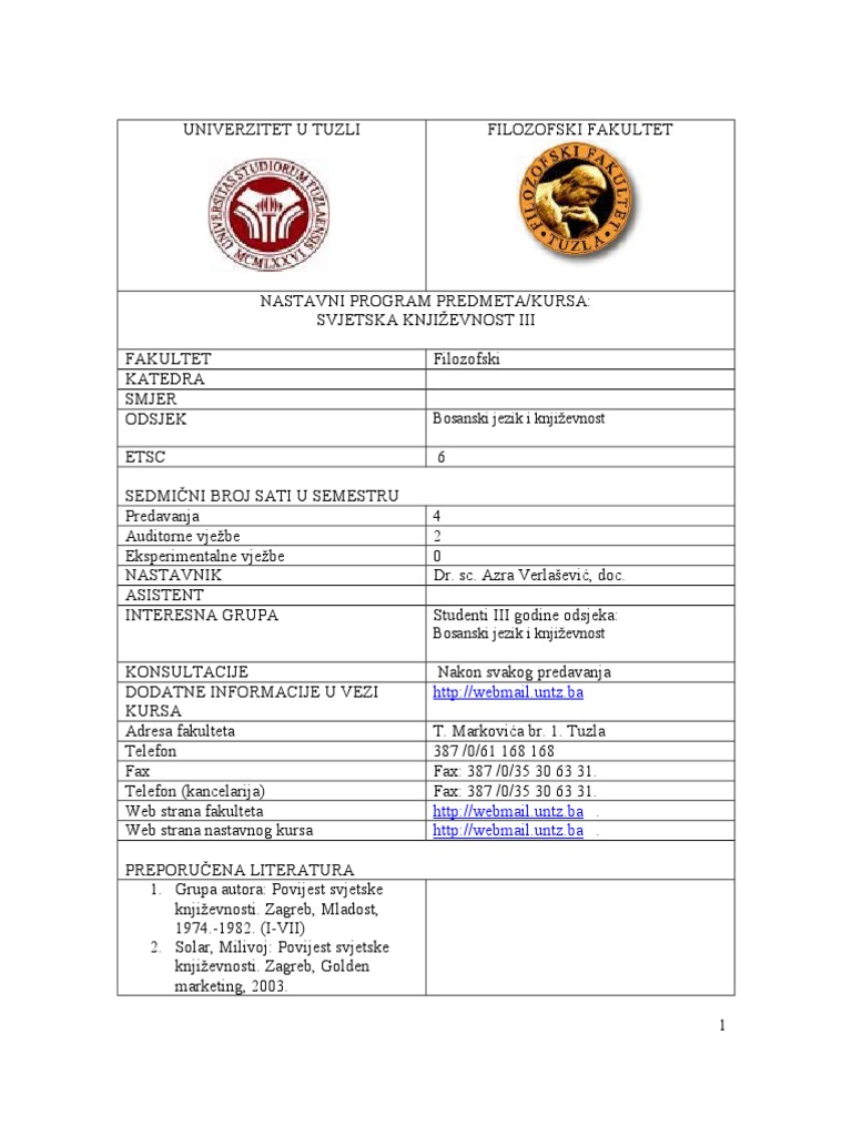 Silabus Svjetska KNJ IV | PDF