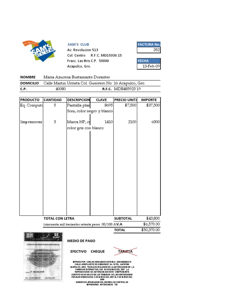 Factura de Sam's Club: Ejemplo y Detalles | PDF