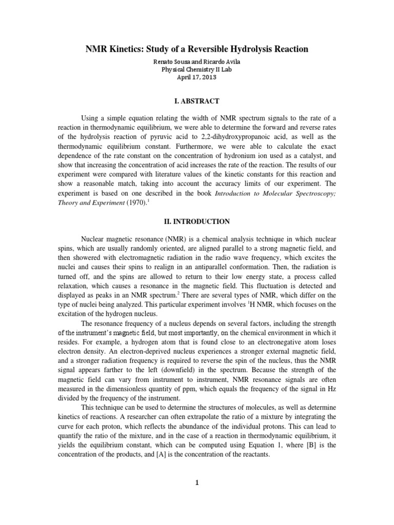 NMR Kinetics: Study of A Reversible Hydrolysis Reaction | PDF | Nuclear ...