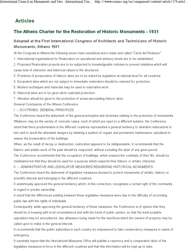 ICOMOS 1931 Athens Charter | PDF | Preservation (Library And Archival ...