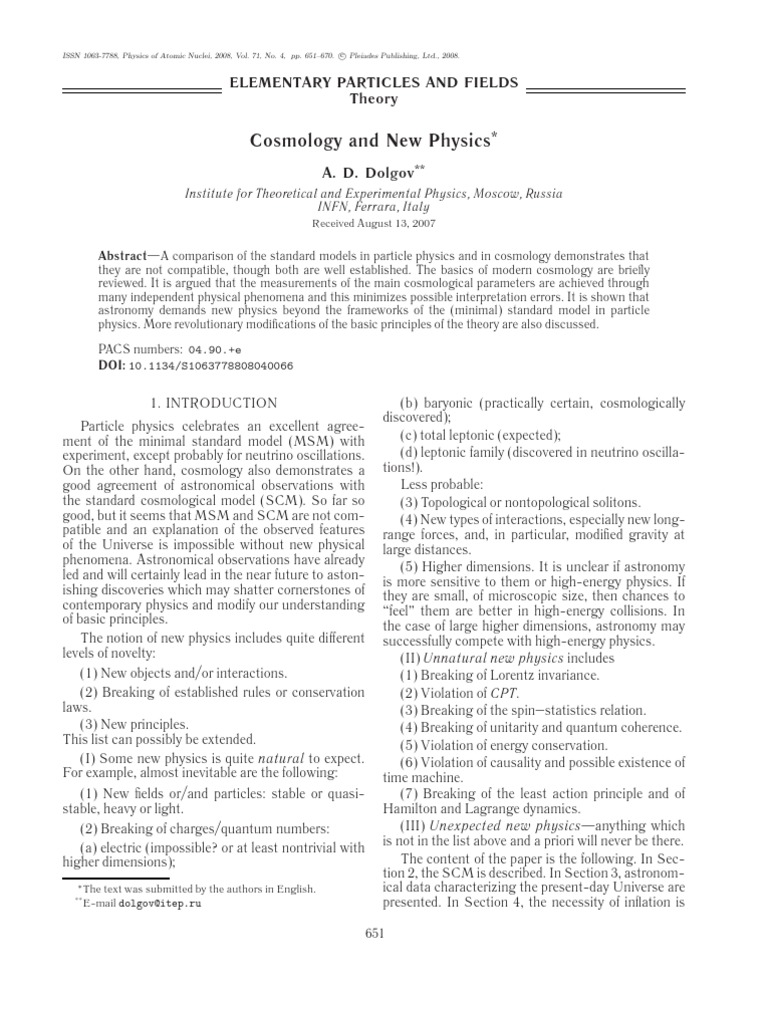 Cosmology and New Physics: Elementary Particles and Fields Theory | PDF ...