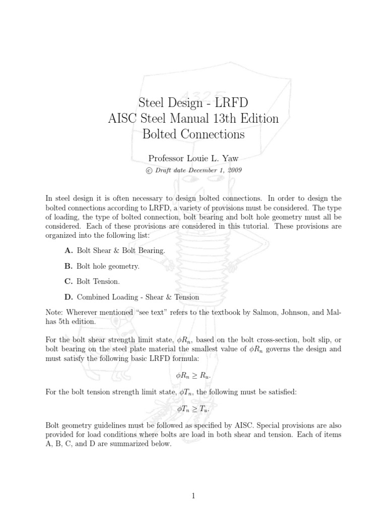 Steel Design - LRFD AISC Steel Manual 13th Edition Bolted Connections ...