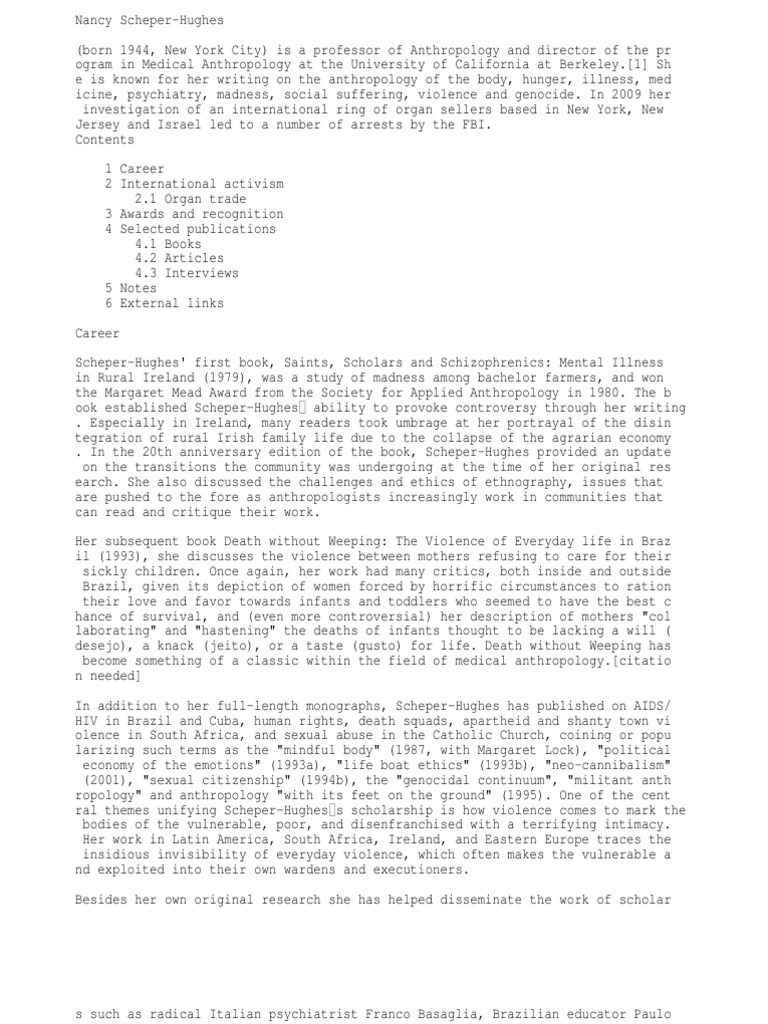 Nancy Scheper-Hughes: Anthropologist & Activist | PDF | Anthropology ...