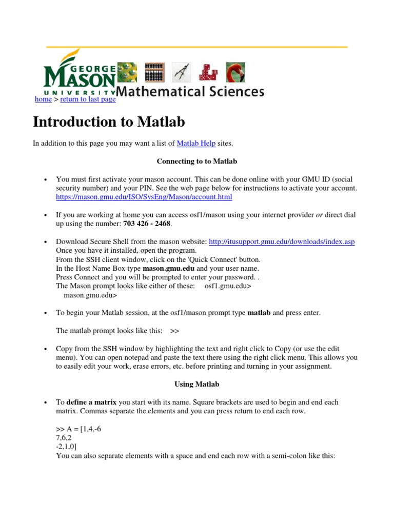 Introduction To Matlab: Home Return To Last Page | PDF | Matlab ...