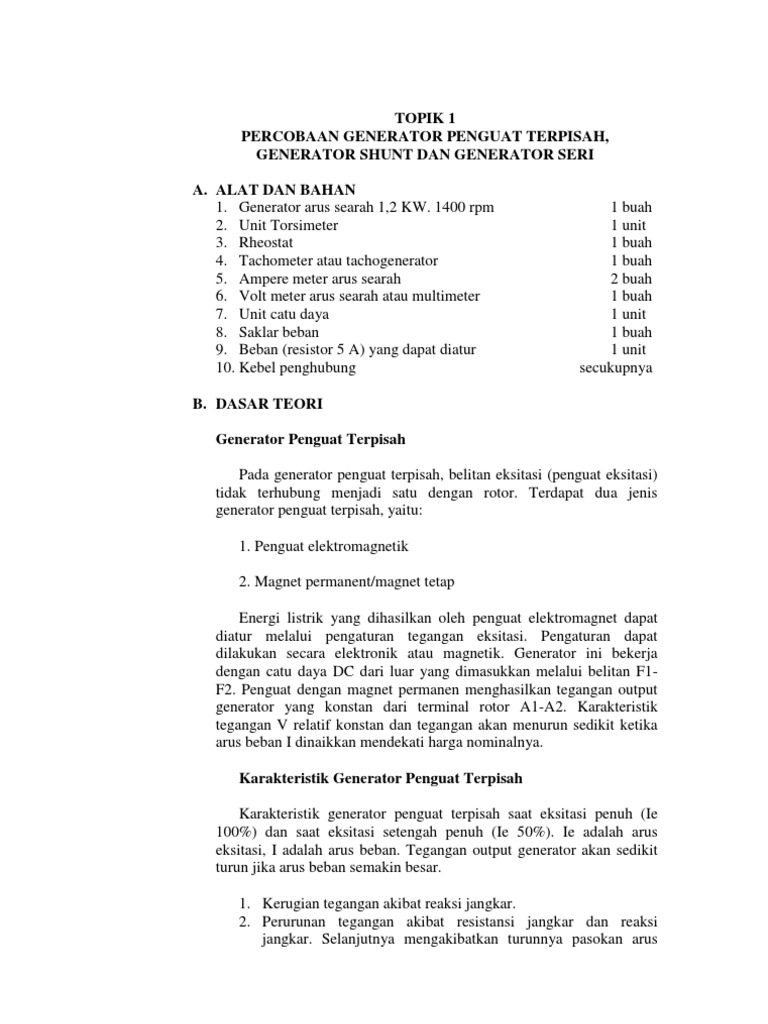 Topik 1 Percobaan Generator Penguat Terpisah, Generator Shunt Dan ...