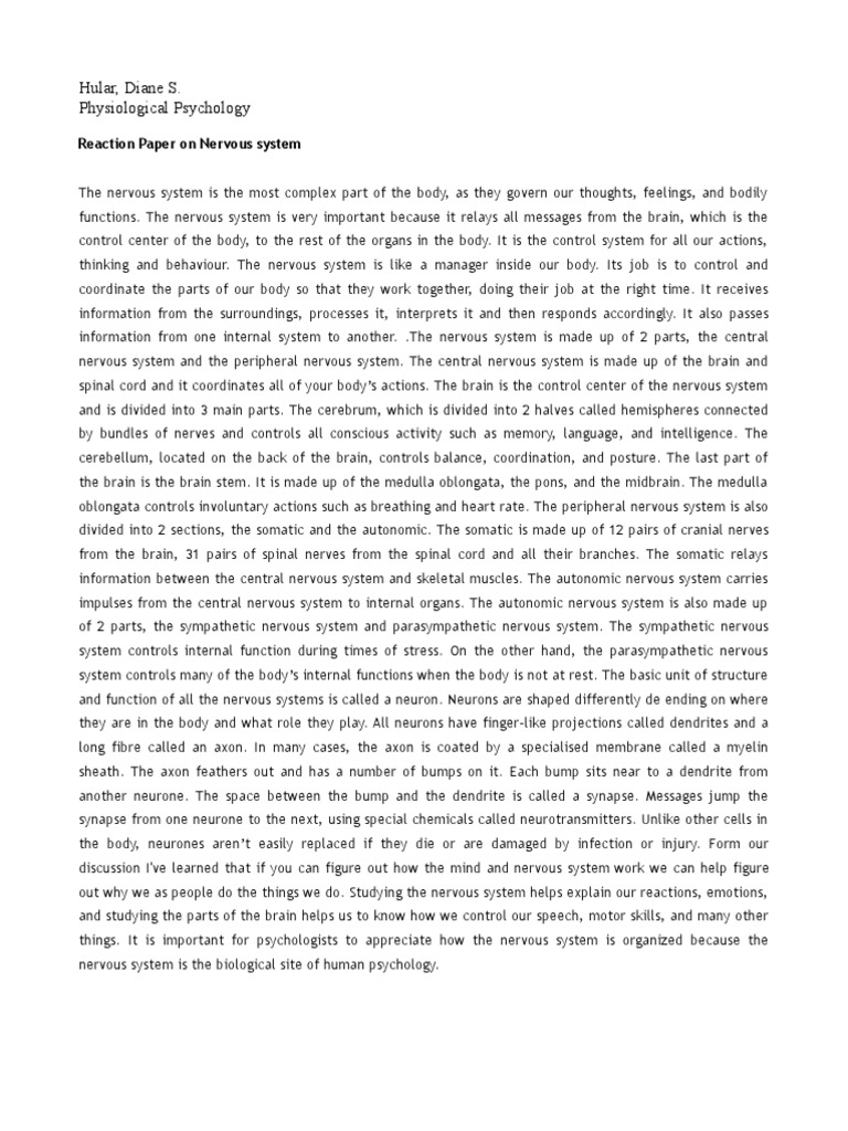 Hular, Diane S. Physiological Psychology: Reaction Paper On Nervous ...