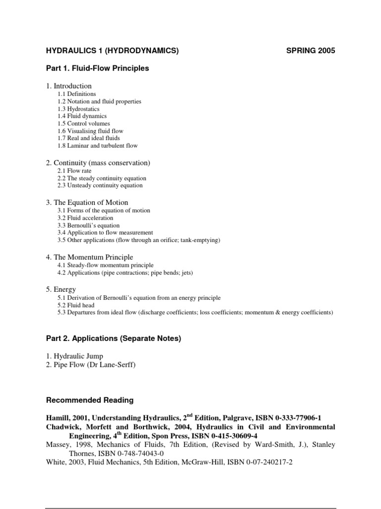 Principles - Hydraulics 1 (Hydrodynamics) | PDF
