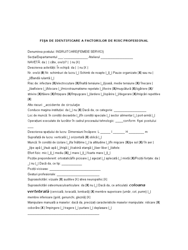 Fisa de Identificare A Factorilor de Risc Profesional-Femeie de Servici ...