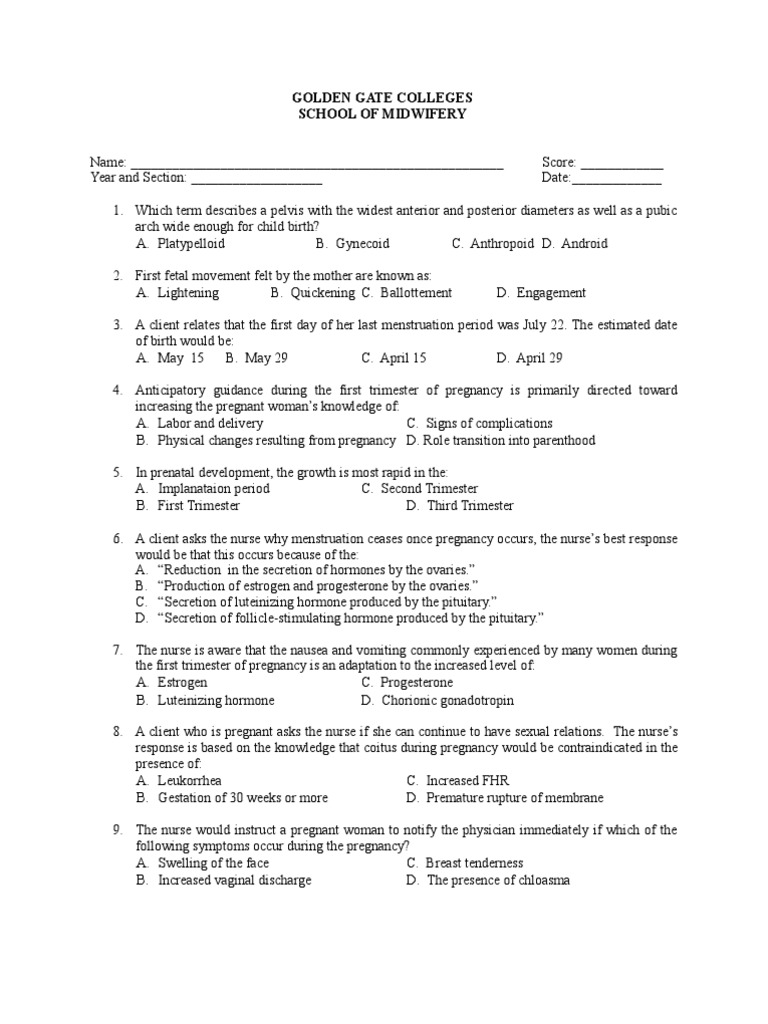 Exam Mdwifery 101 | PDF | Menstrual Cycle | Pregnancy
