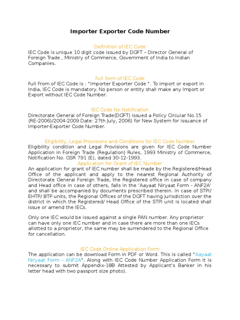 Importer Exporter Code Number or IEC Code No in India. - DGFT | PDF | Government | Banking