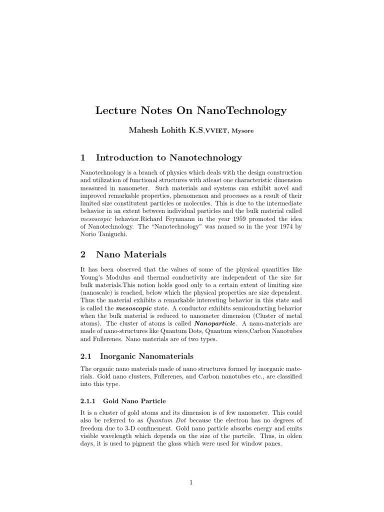 Lecture Notes On Nanotechnology Pdf Nanotechnology Carbon Nanotube