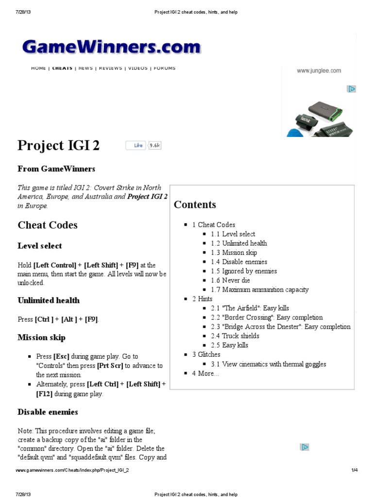 Project IGI 2 Cheat Codes, Hints, And Help | Directory (Computing ...
