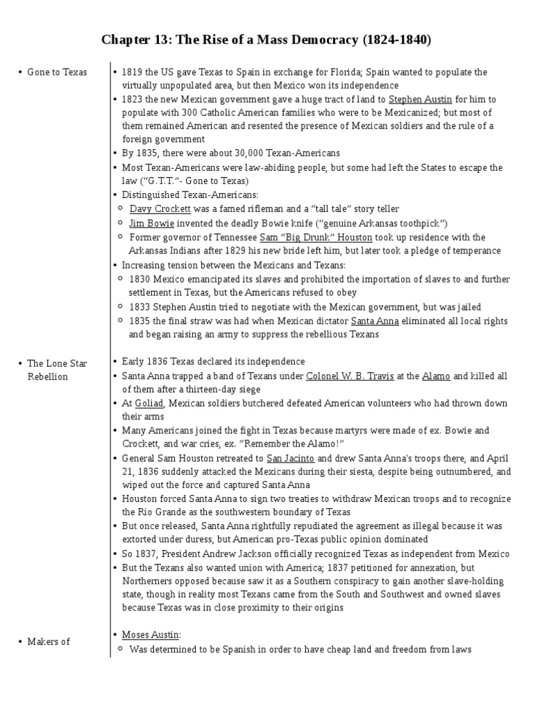 APUSH Chapter 13 Notes (P. 275-280) | PDF | Texas | Battle Of The Alamo