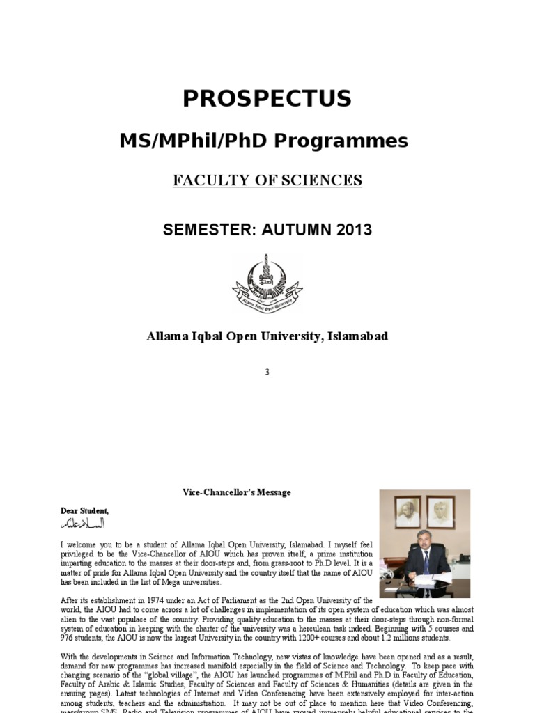 Prospectus for MS/MPhil/PhD Programs in the Faculty of Sciences at Allama Iqbal Open University ...
