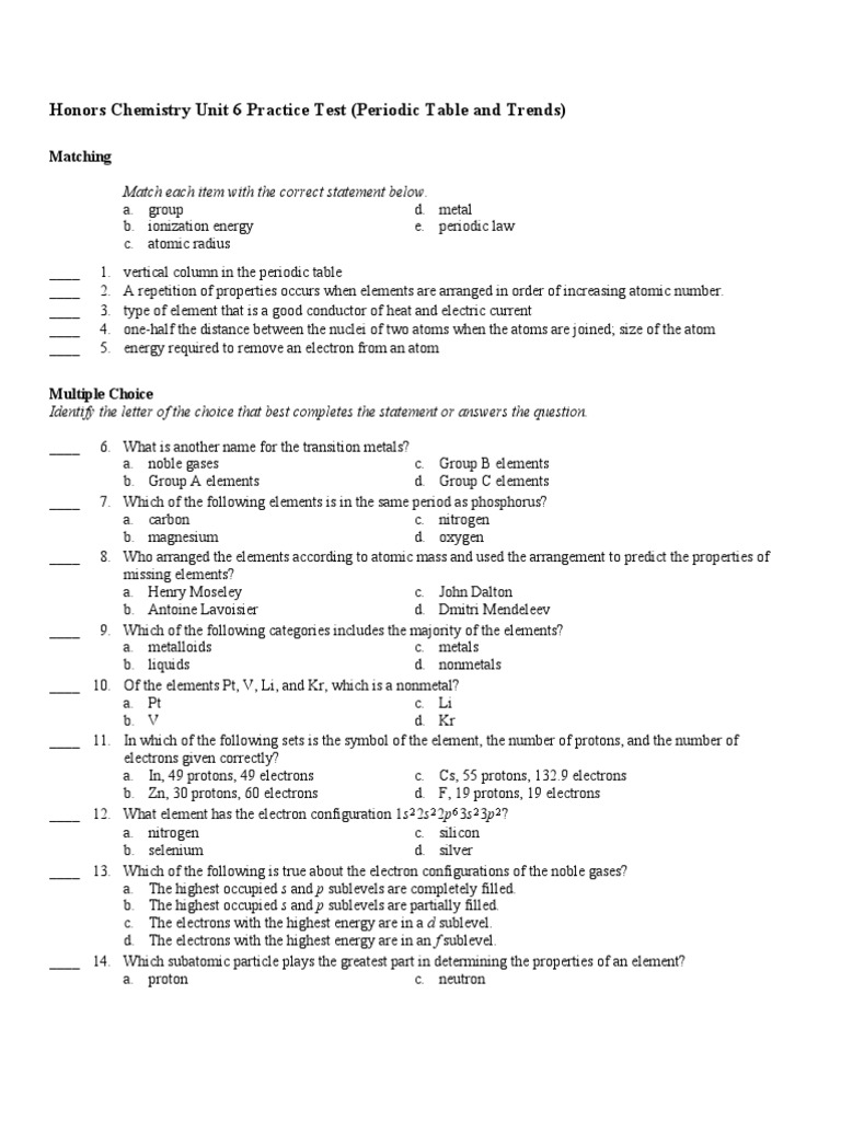 Unit 6 Practice Test (Periodic Table) | PDF | Ion | Periodic Table