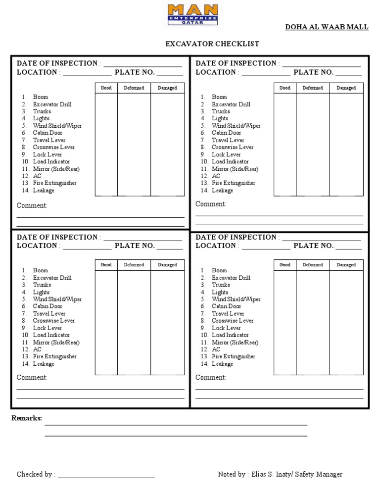 Excavator Checklist