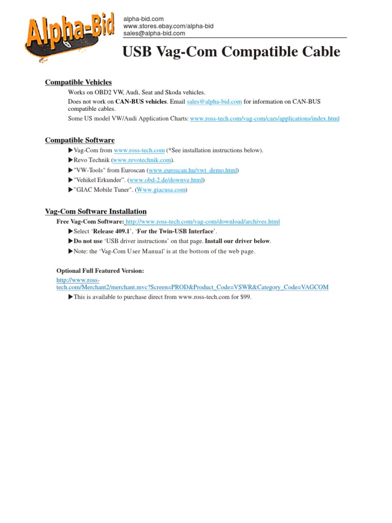 Ross-Tech VAG-COM USB Cable Instructions (For Audi Auto Computers ...