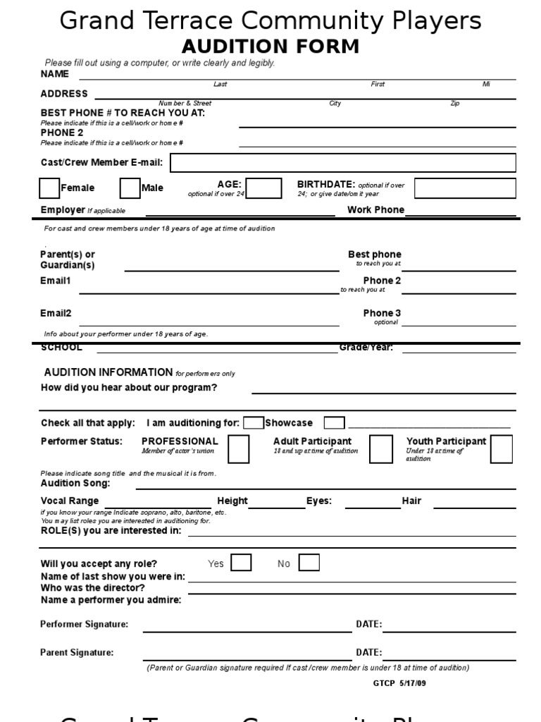 Audition Form: Please Fill Out Using A Computer, or Write Clearly and ...