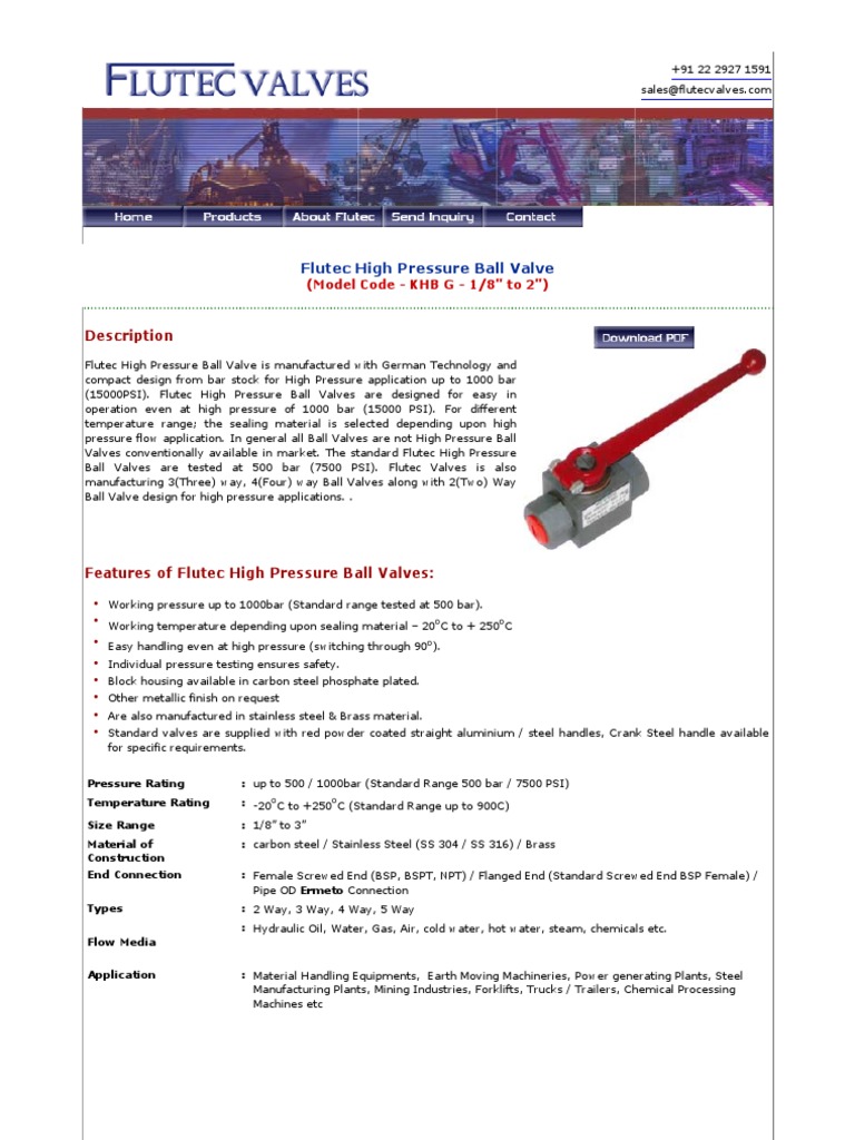 Flutec High Pressure Ball Valve | PDF | Valve | Pressure