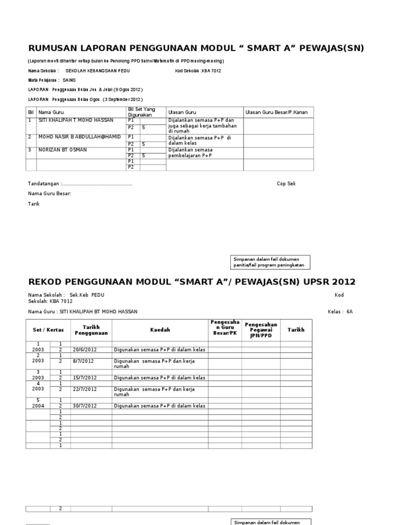 Contoh Rekod Penggunaan Modul | PDF