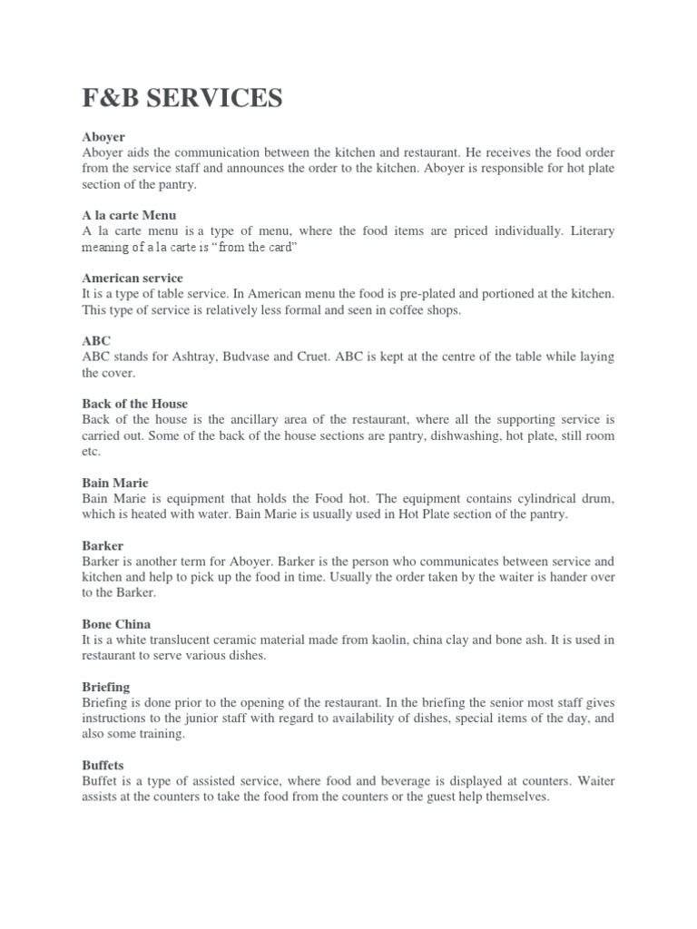 F&B Services | PDF | Tableware | Restaurants