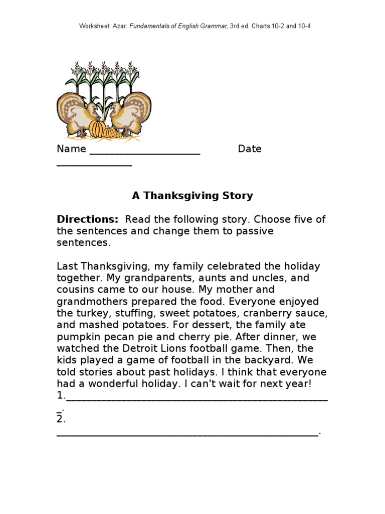 A Thanksgiving Story Directions: Read The Following Story. Choose Five ...