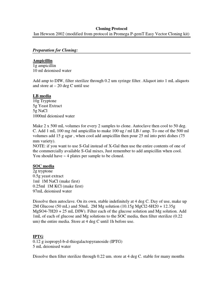 Cloning Protocol | PDF | Polymerase Chain Reaction | Biochemistry