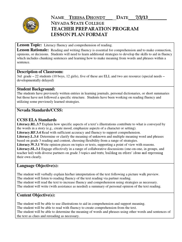 477 Lesson Plan Summer 2013 PDF Reading Comprehension Lesson Plan