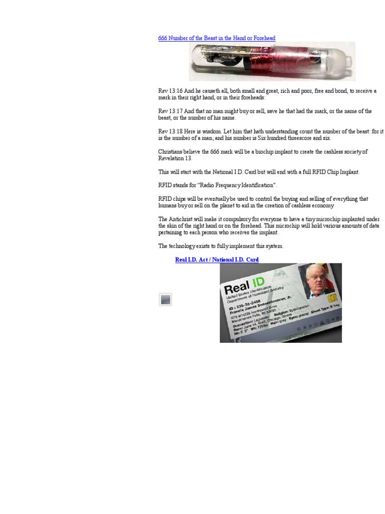 666 Number of the Beast in the Hand or Forehead: Real I.D. Act ...