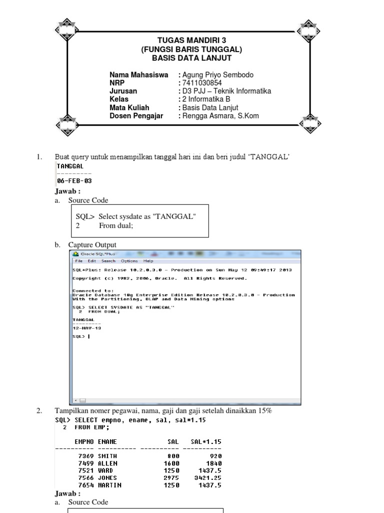 Tugas Mandiri 3 Basis Data Lanjut - Fungsi Baris Tunggal - Agung Priyo ...