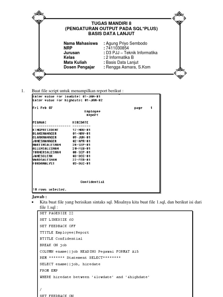 Tugas Mandiri 8 Basis Data Lanjut - Pengaturan Output Pada SQL-plus ...