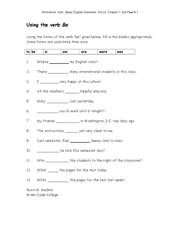 Using The Verb Be: To Be Is Am Are Were Was | PDF