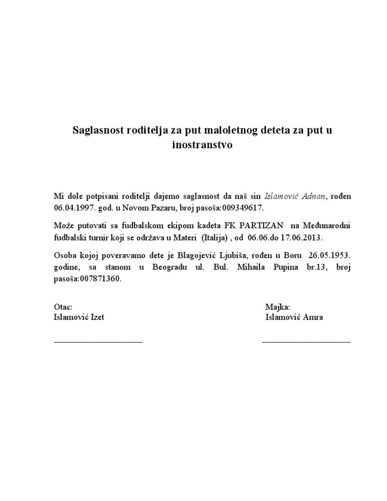 Saglasnost Roditelja Za Put Maloletnog Deteta Za Put U Inostranstvo | PDF