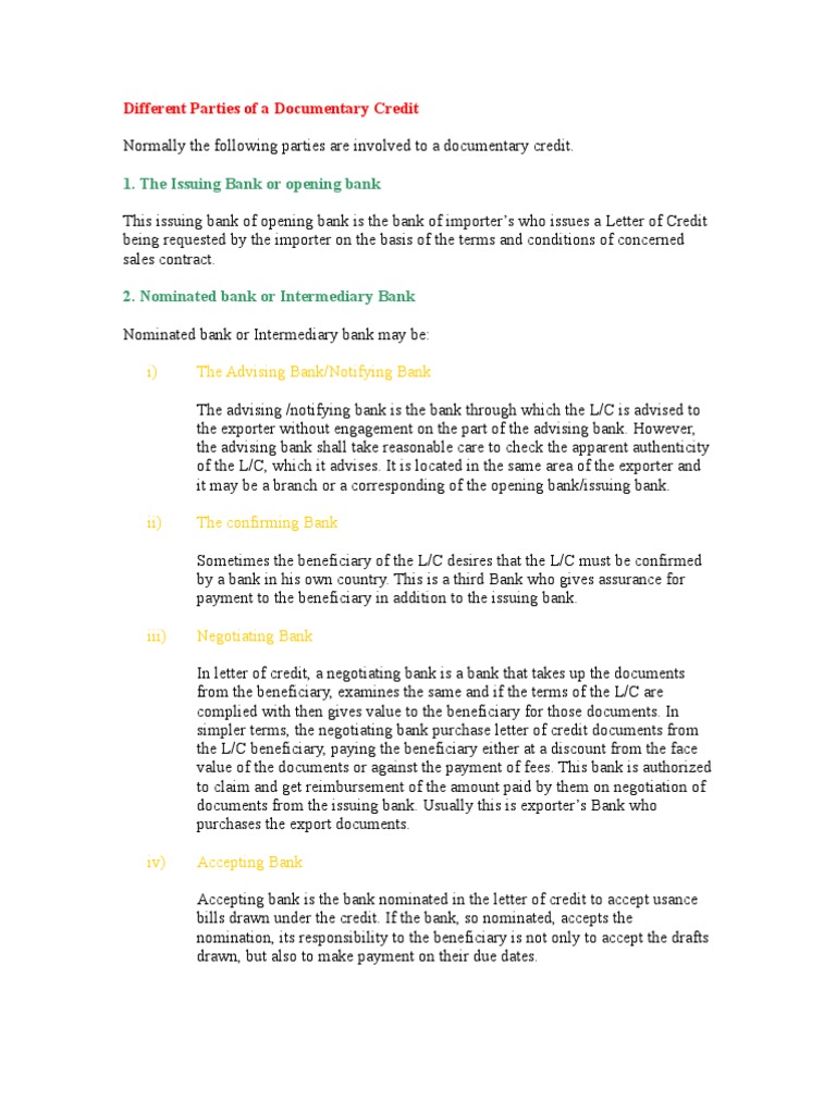 Different Parties of A Documentary Credit | PDF | Letter Of Credit | Banks