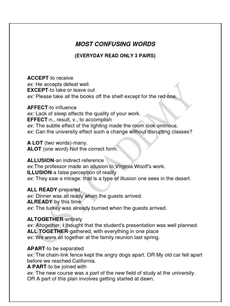 Most Confusing Words: (Everyday Read Only 3 Pairs) | PDF | Languages