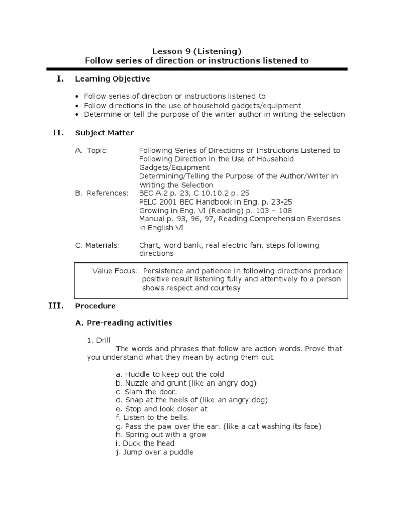 Lesson 9 Follow Series of Directions or Instructions Listened To | PDF ...