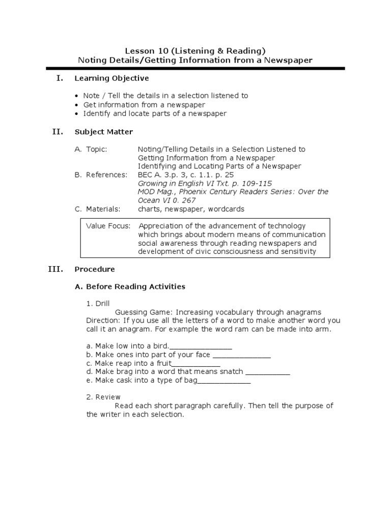 Lesson 10 Noting Details - Getting Information From Newspaper | PDF ...